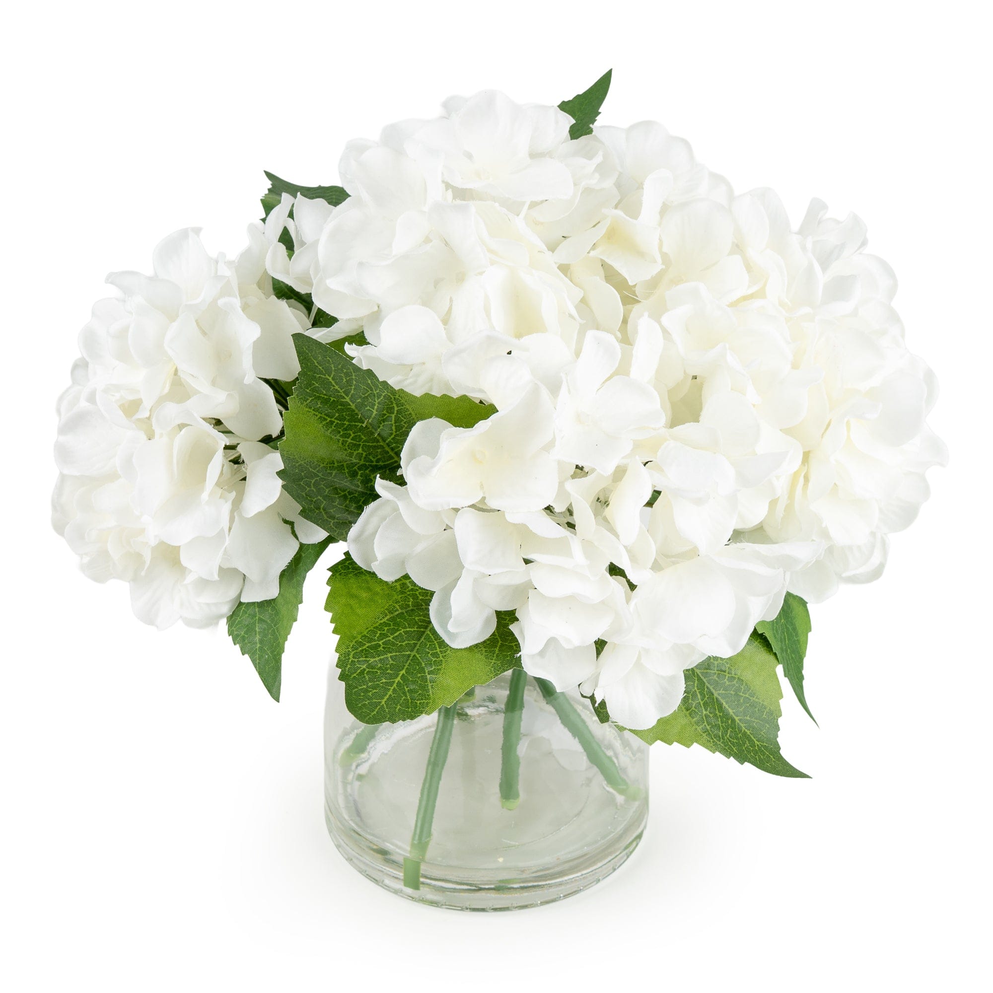 27cm White Hydrangeas in Glass Vase 6pk - Candlelight Home