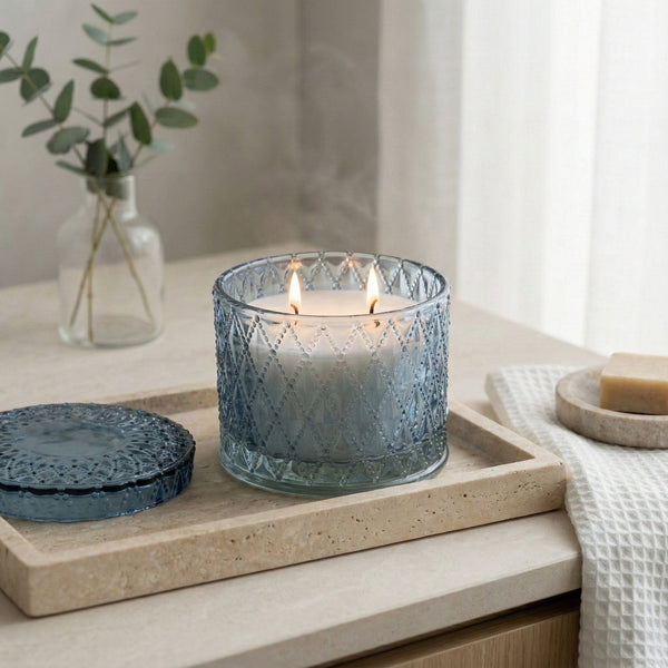Round Embossed Candle Jar – Tianshui Blue 6pk - Candlelight Home