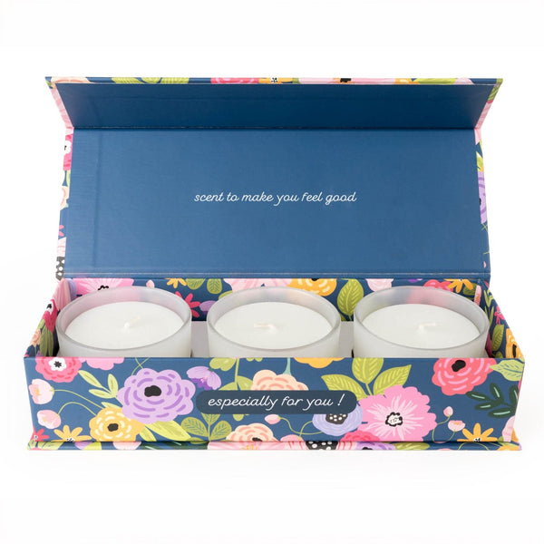 Set of 3 Candle Gift Set Thank You - Floral Blue 4PK - Candlelight Home
